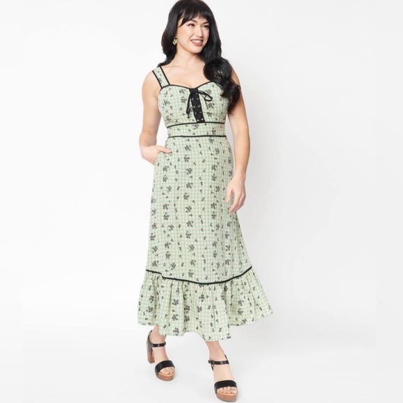 Unique Vintage | Dresses | Unique Vintage Gingham And Black Floral Midi ...
